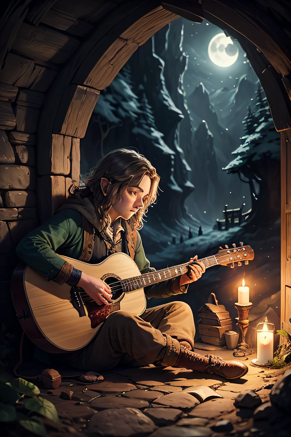 A man sitting on a stone floor playing a guitar in front of a window ...