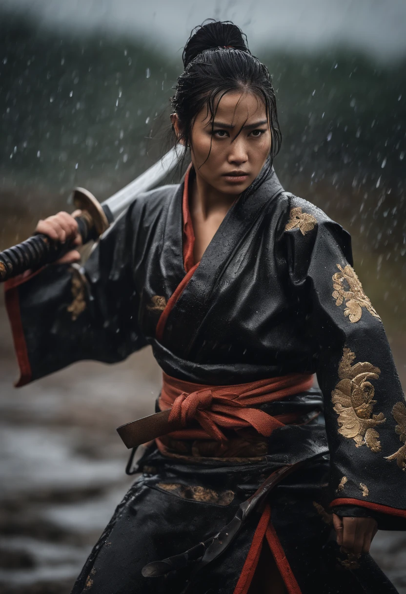 A woman in a black and red outfit holding a sword - SeaArt AI