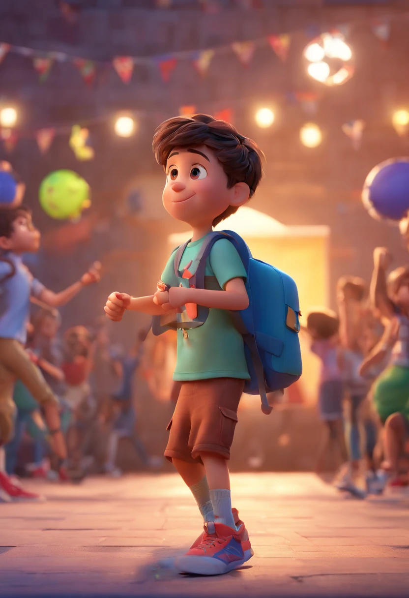 A cartoon boy with a backpack and balloons in a crowd - SeaArt AI
