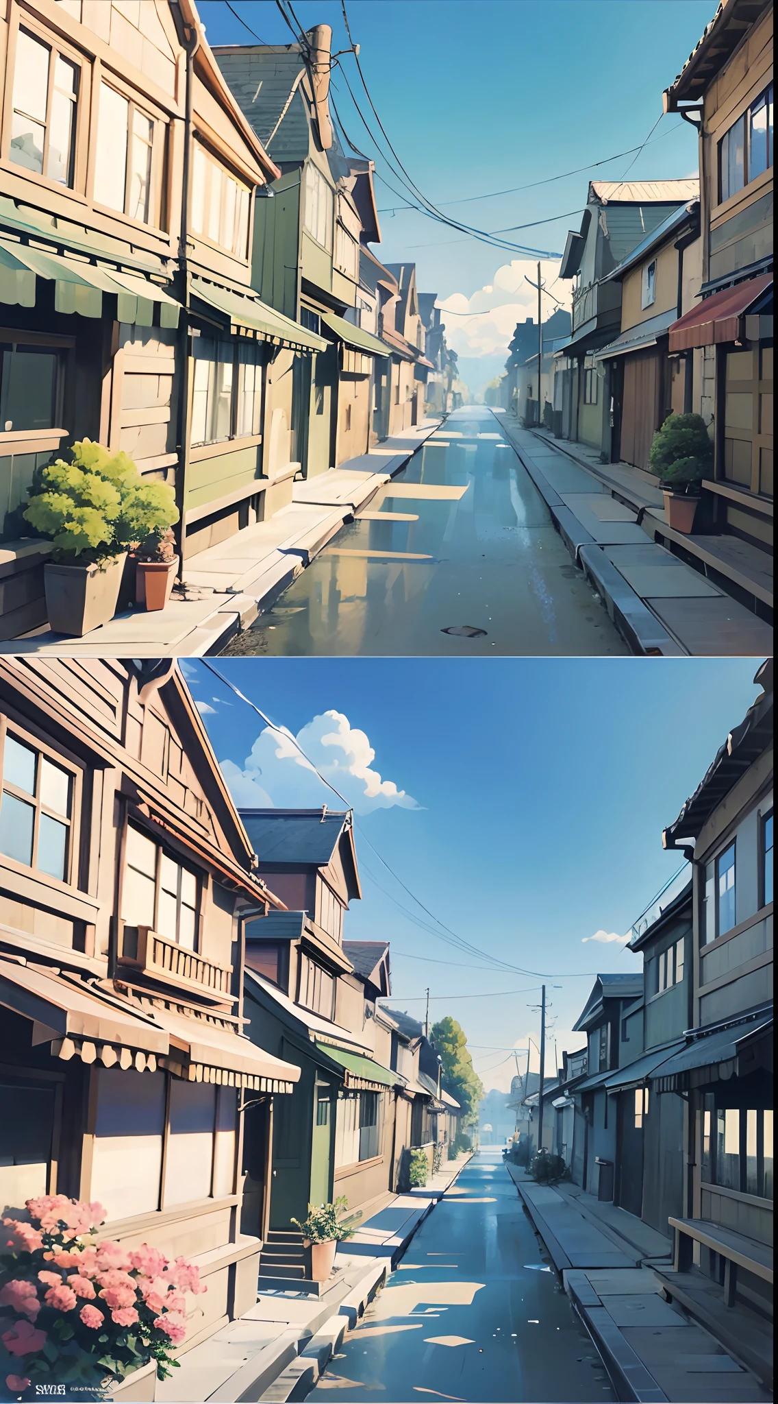 There are two pictures of a street with buildings and a flower pot ...