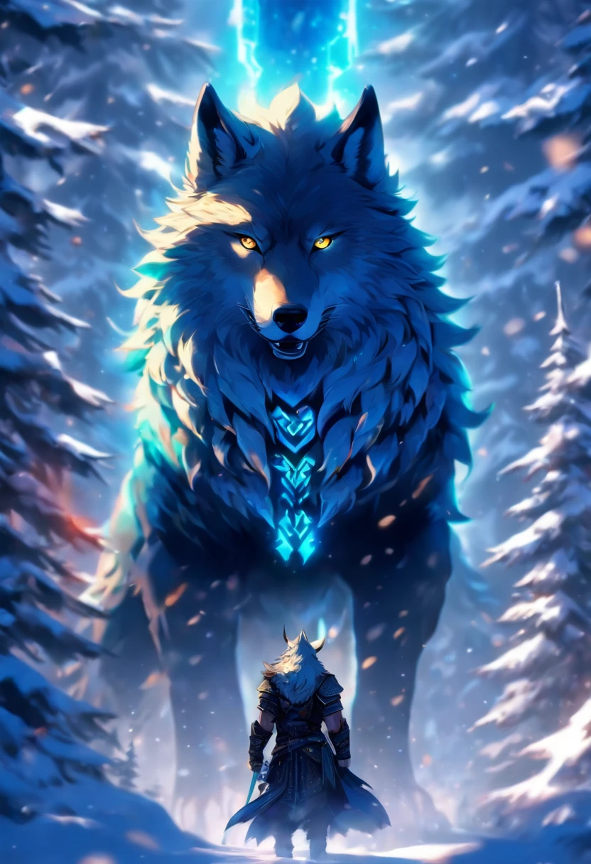A wolf with a sword and a man standing in the snow - SeaArt AI
