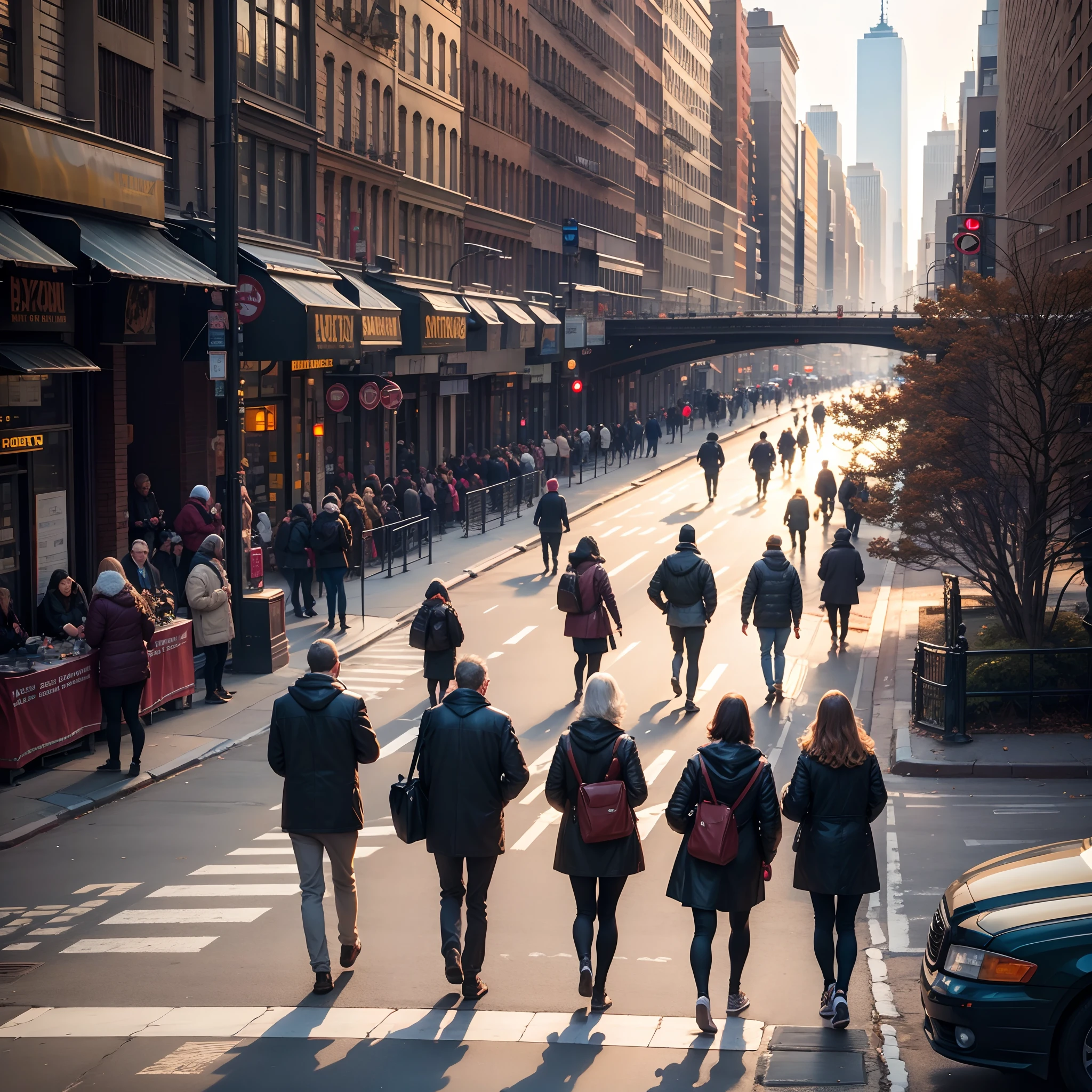 People walking down a city street with cars and pedestrians - SeaArt AI