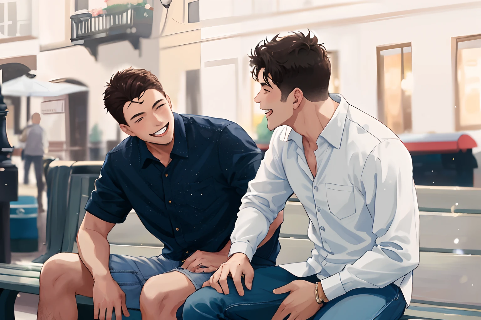There are two men sitting on a bench talking to each other - SeaArt AI