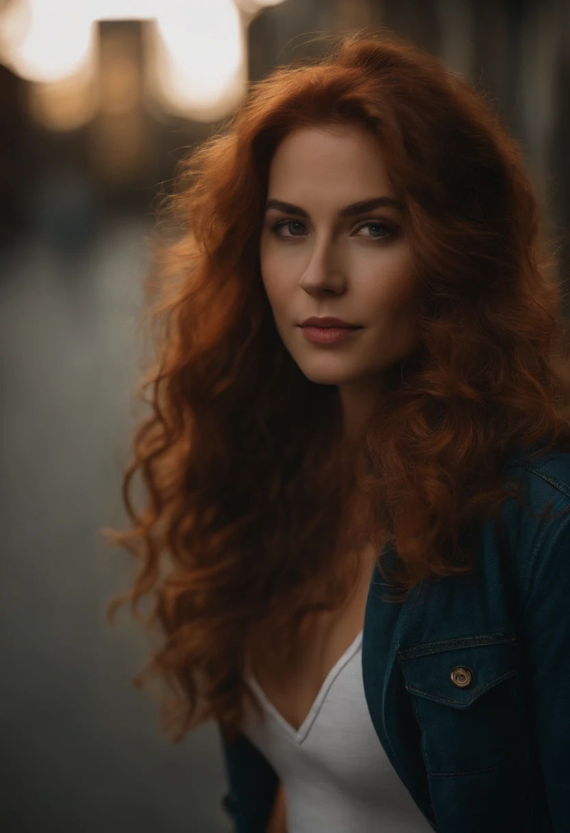 A close up of a woman with long red hair and a blue jacket - SeaArt AI