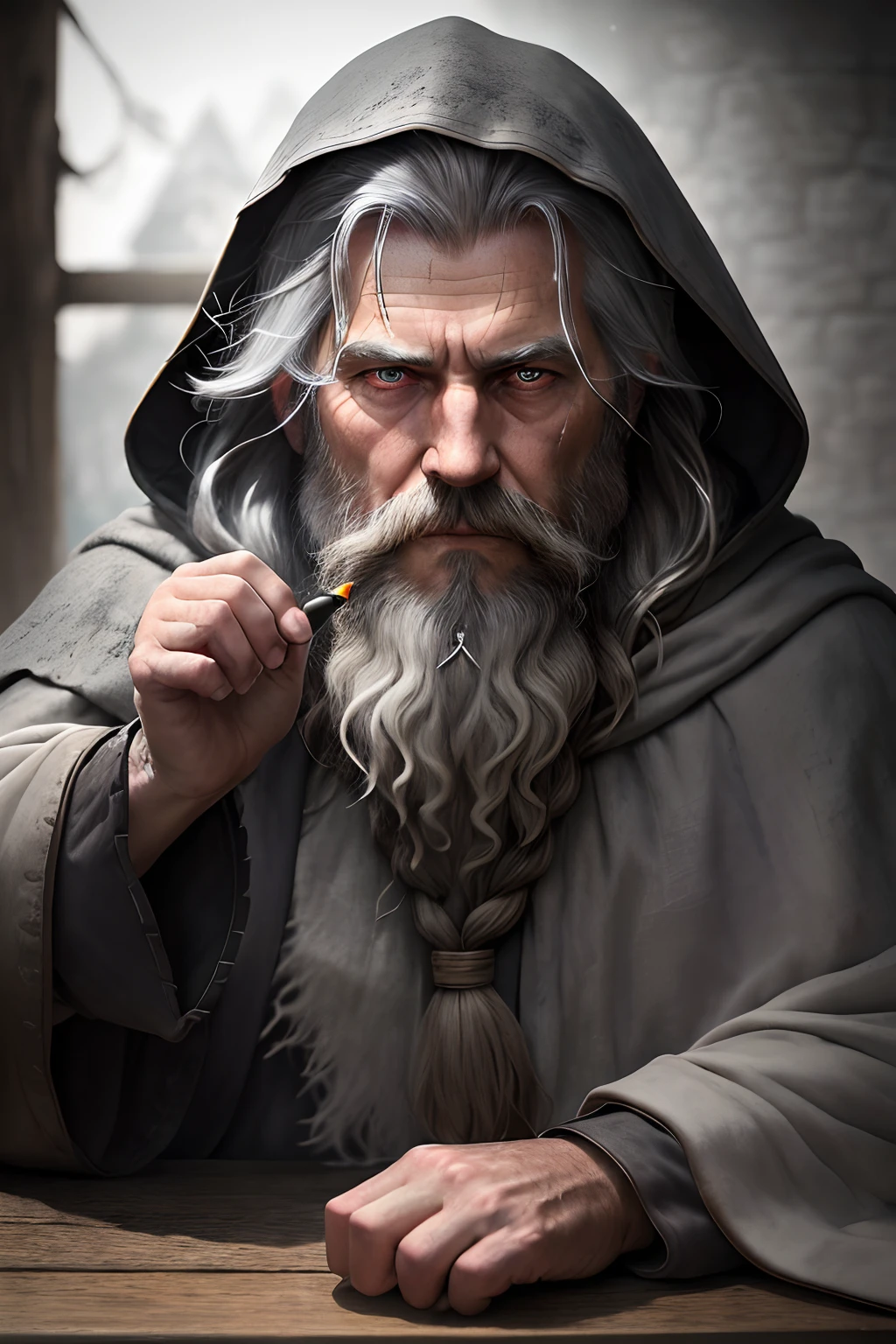 A close up of a man with a beard and a hood on - SeaArt AI