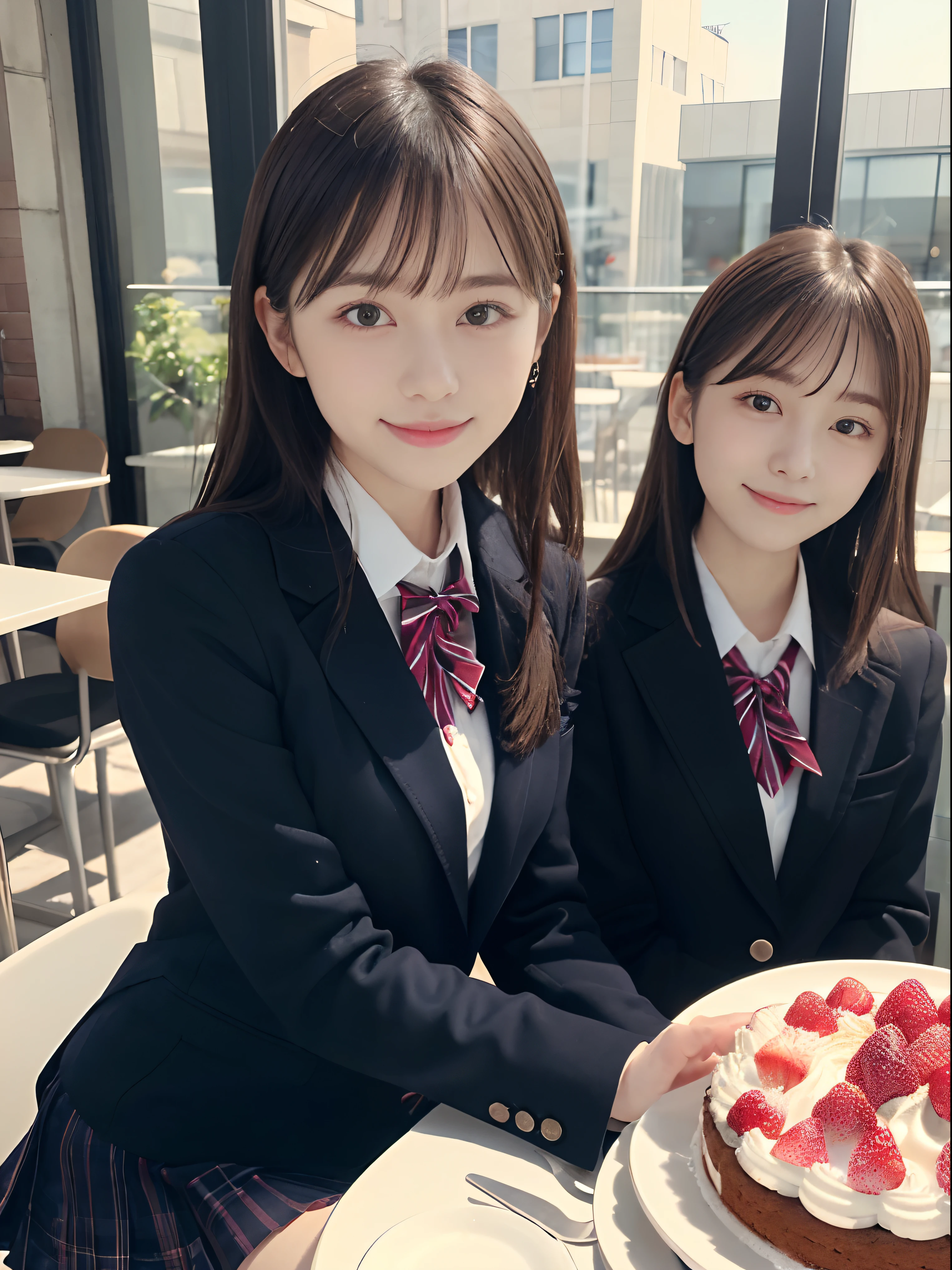 Two girls in school uniforms posing for a picture with a cake - SeaArt AI