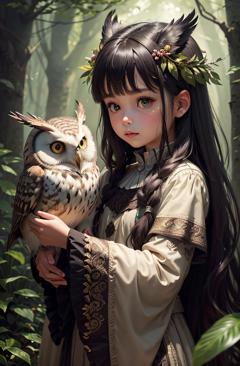 Anime girl with owl in forest - SeaArt AI