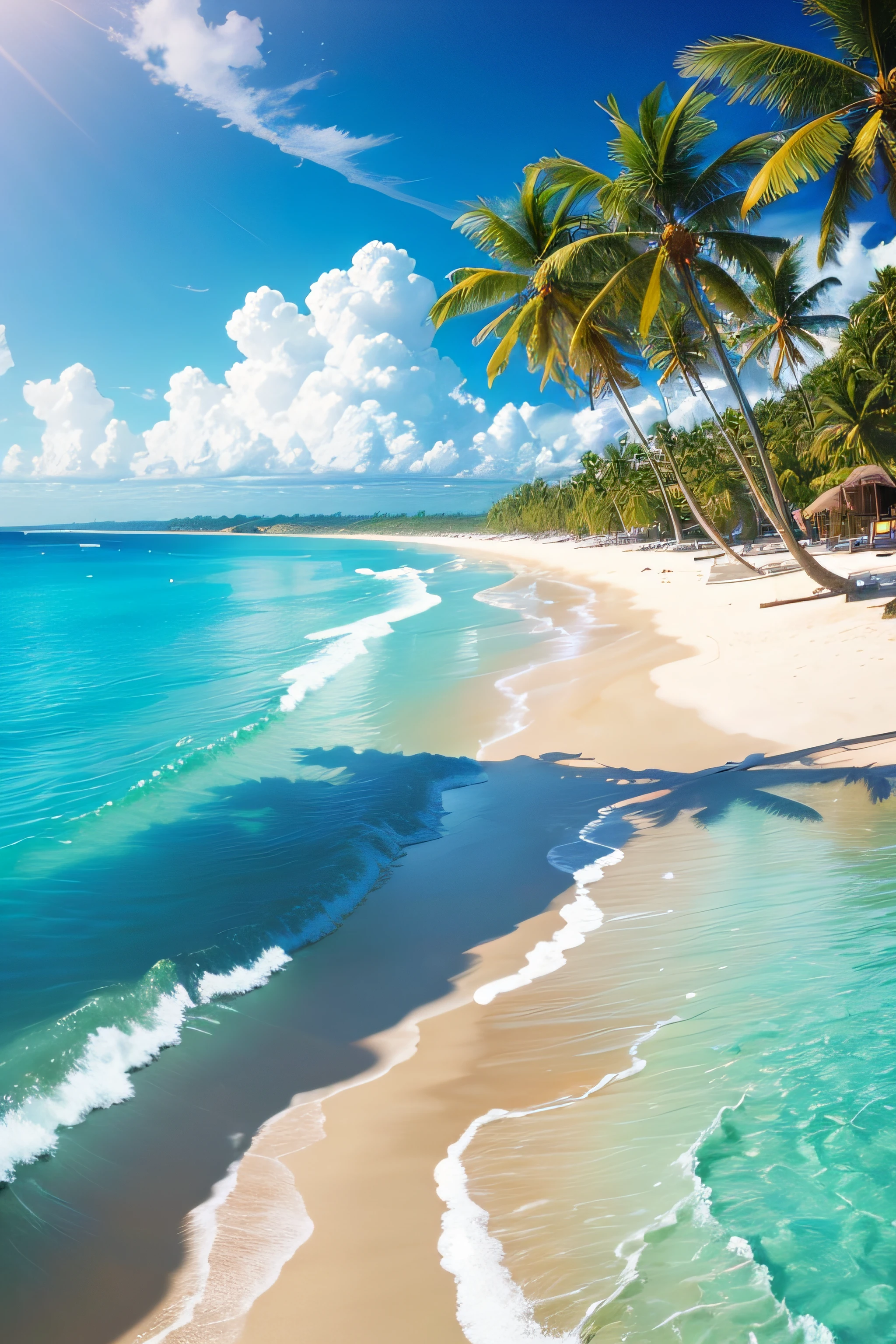 A view of a beach with palm trees and a blue ocean - SeaArt AI