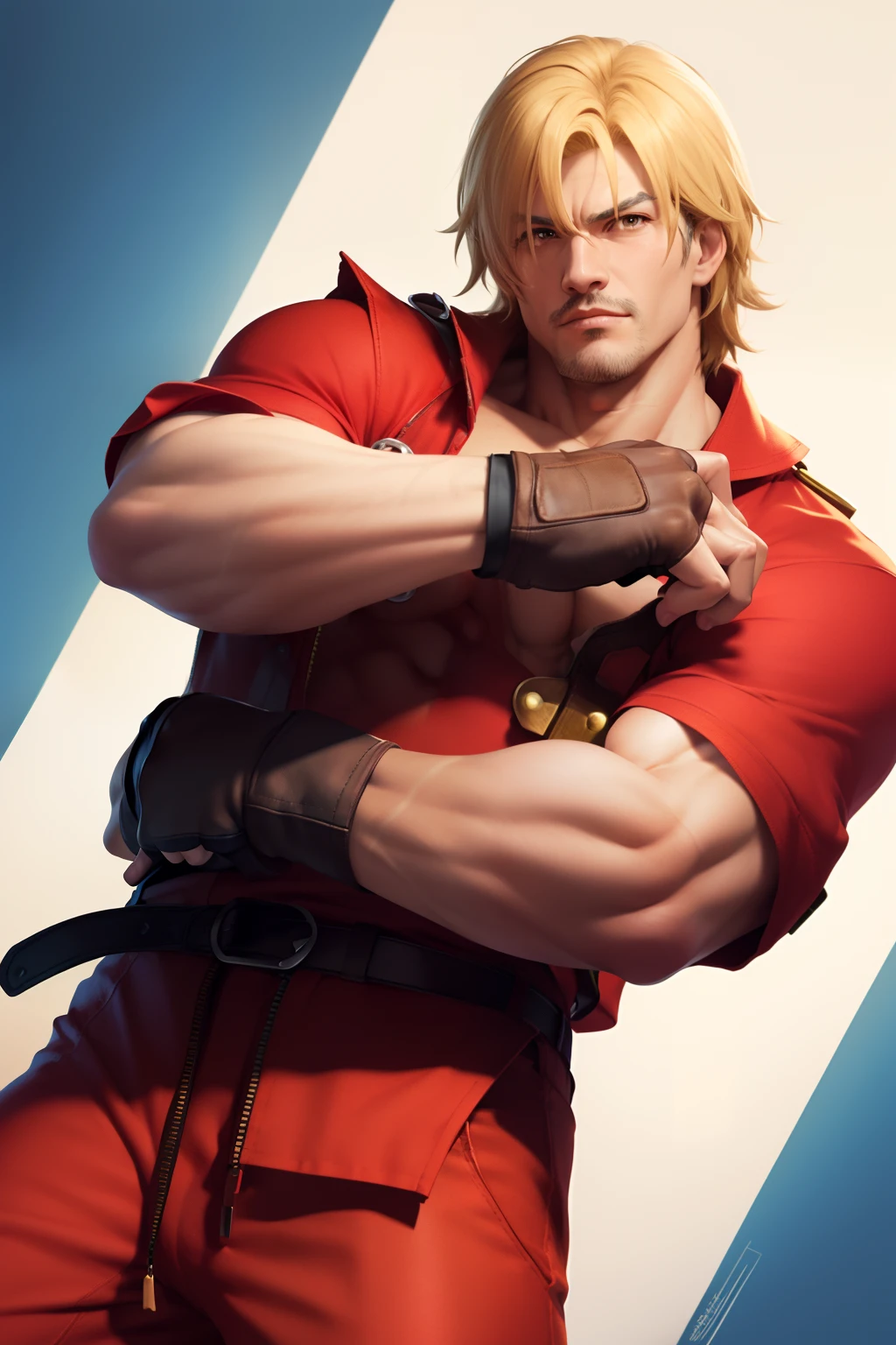 A man in a red shirt and brown pants holding a knife - SeaArt AI