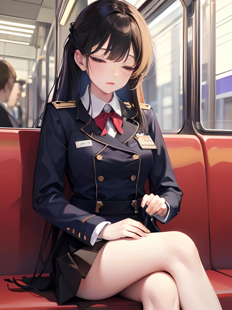 Anime girl in uniform sitting on a train seat with her legs crossed ...