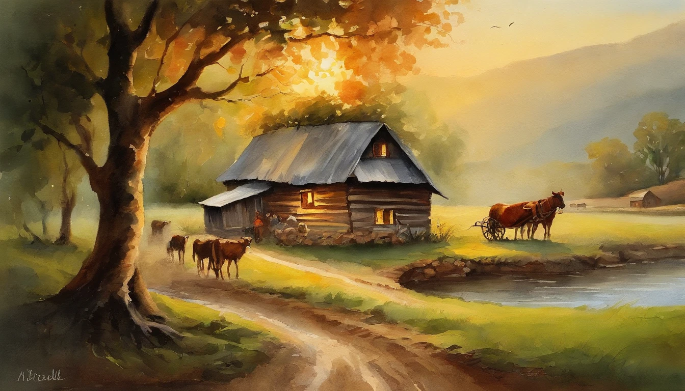 Painting of a farm scene with cows and a barn - SeaArt AI
