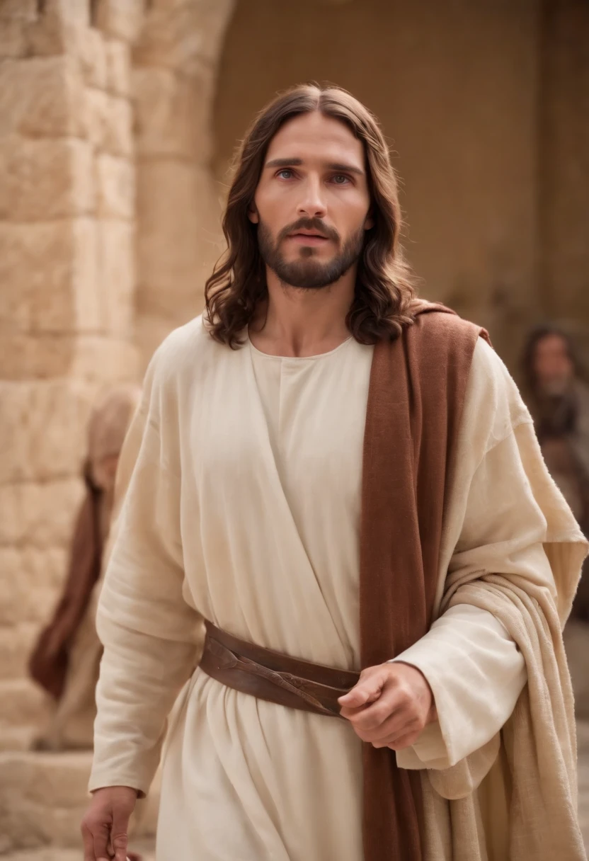 Jesus walking in the street with a brown robe and a brown belt - SeaArt AI