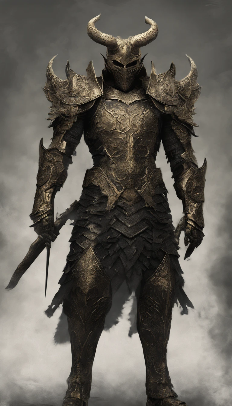 A man in armor with horns and a sword standing in the fog - SeaArt AI