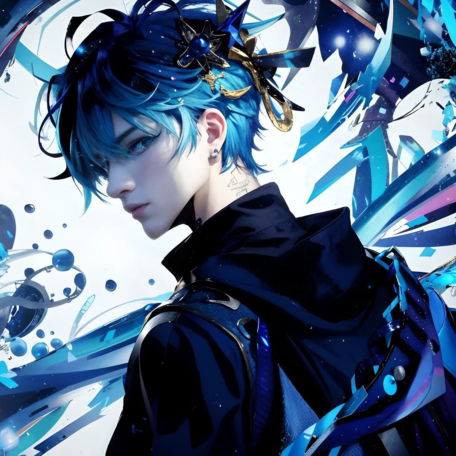 Anime boy with blue hair and a black jacket with a blue bow - SeaArt AI