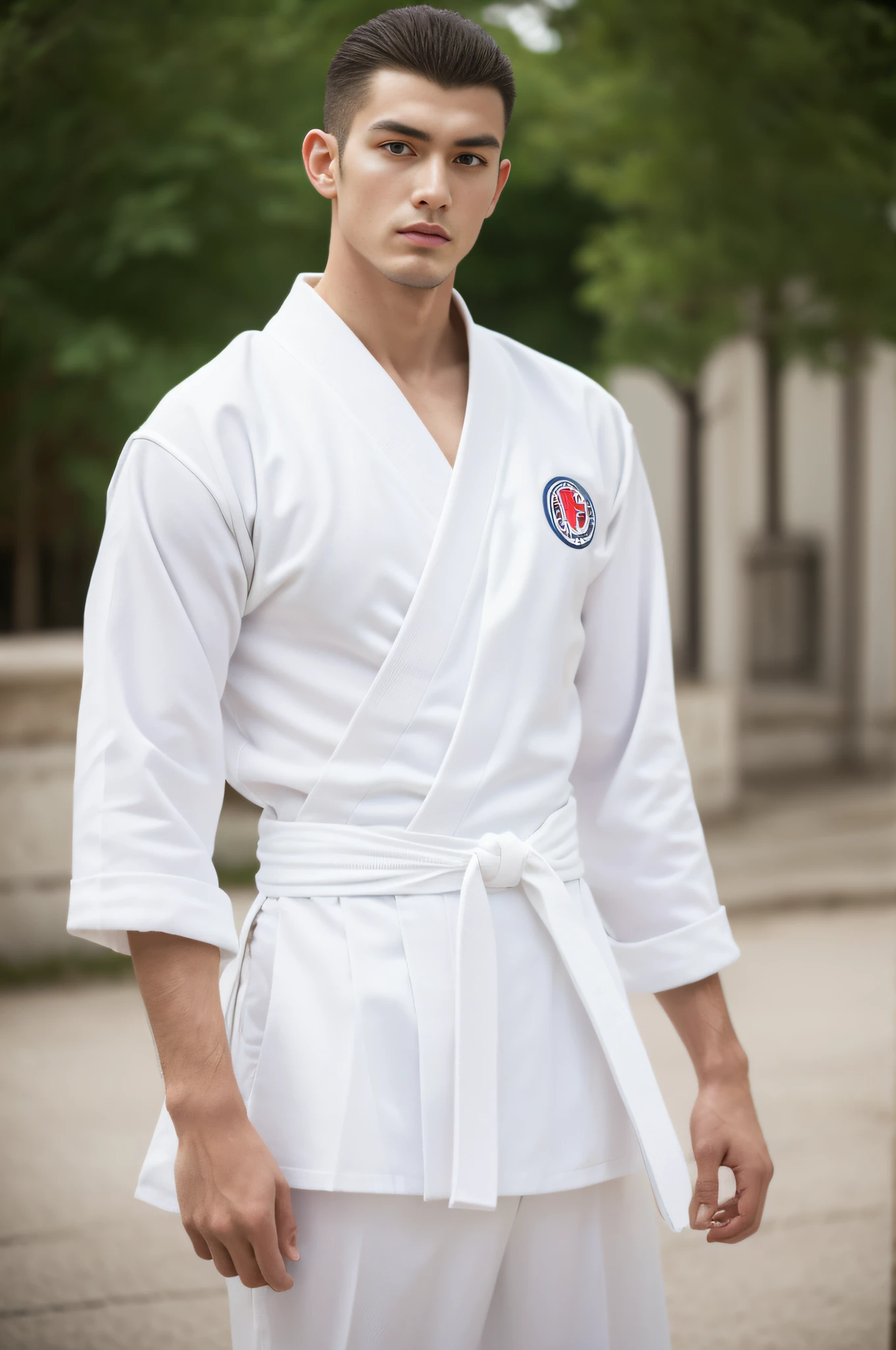 Arafed man in a white karate outfit standing in a courtyard - SeaArt AI