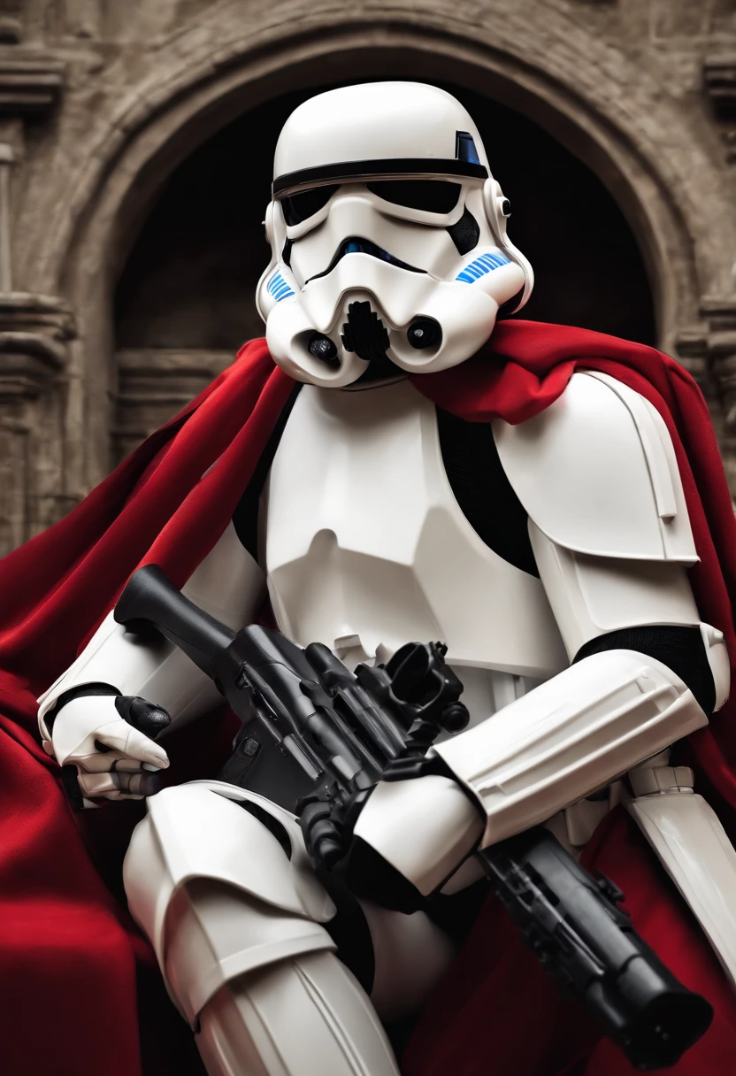 A close up of a star wars stormtrooper sitting on a red blanket - SeaArt AI