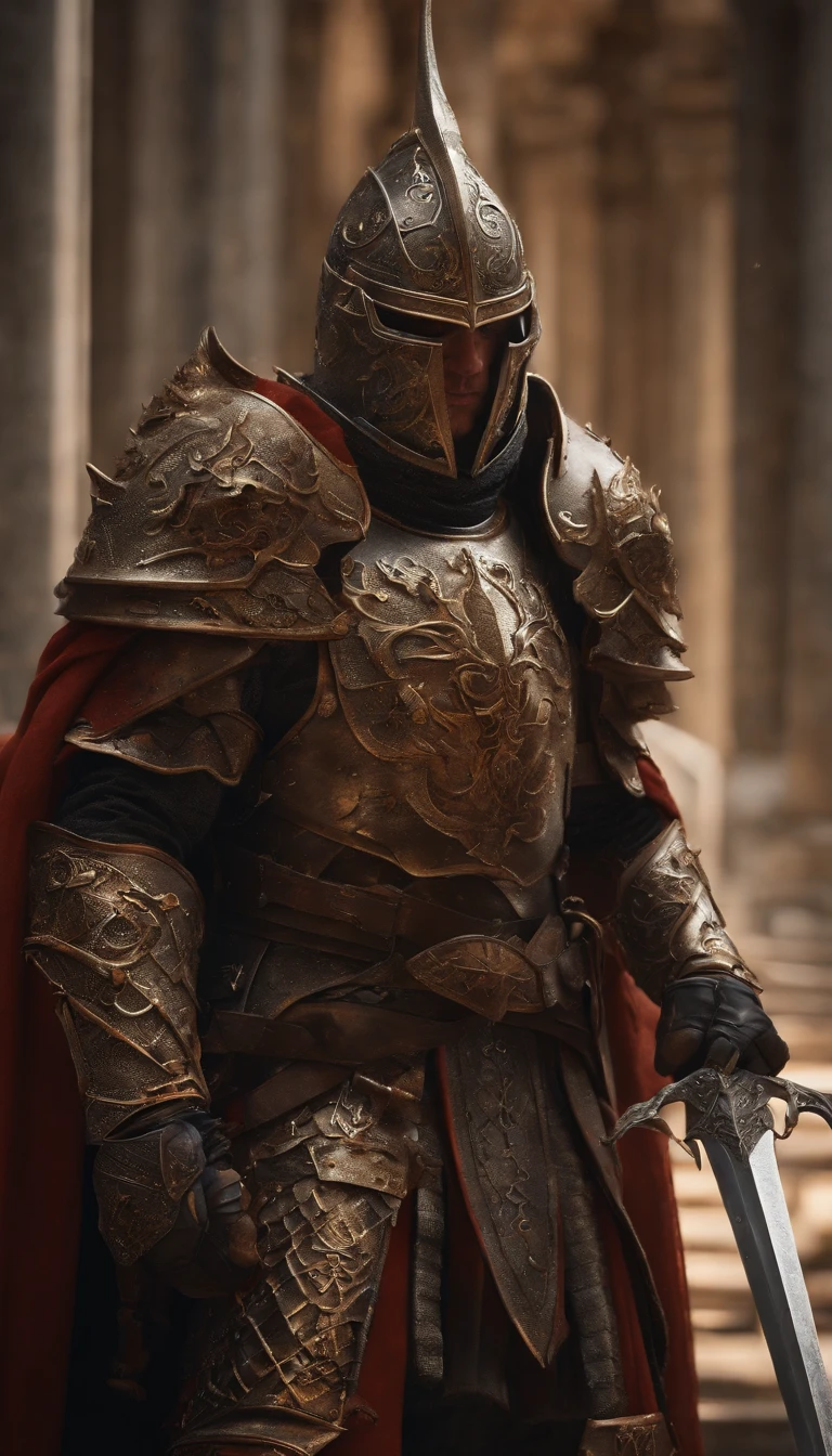 A close up of a man in armor holding a sword - SeaArt AI