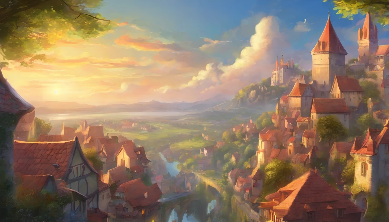 A close up of a painting of a town with a river running through it ...