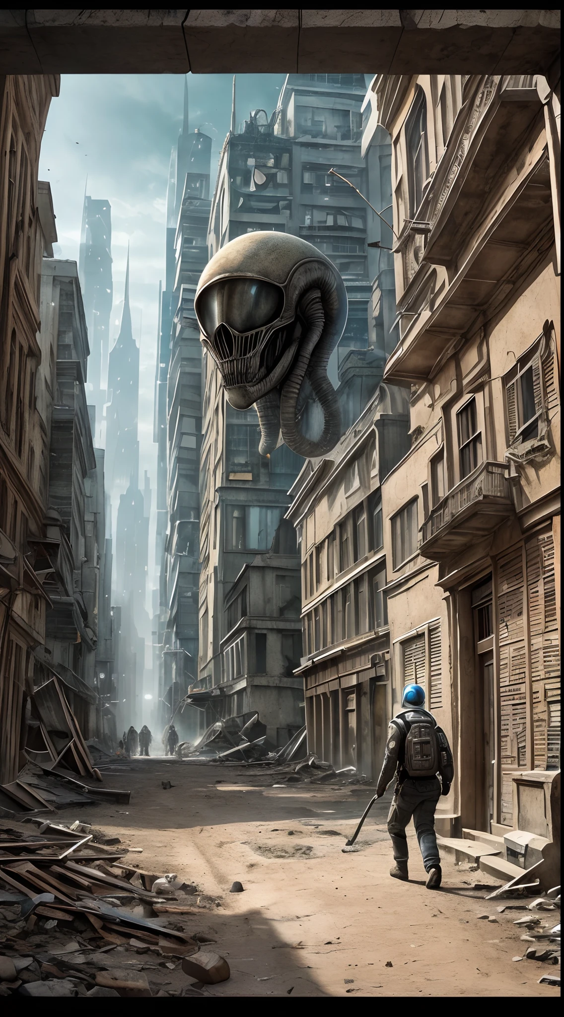Arafed image of a man walking down a street with a giant alien head ...