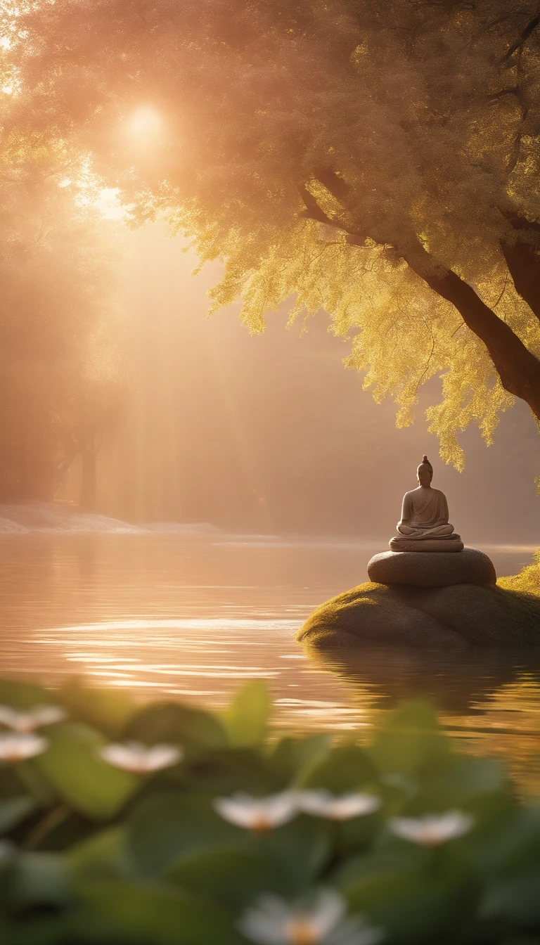 Hyper realistic, ray tracing, 8k, Buddha meditating on a rock in the ...