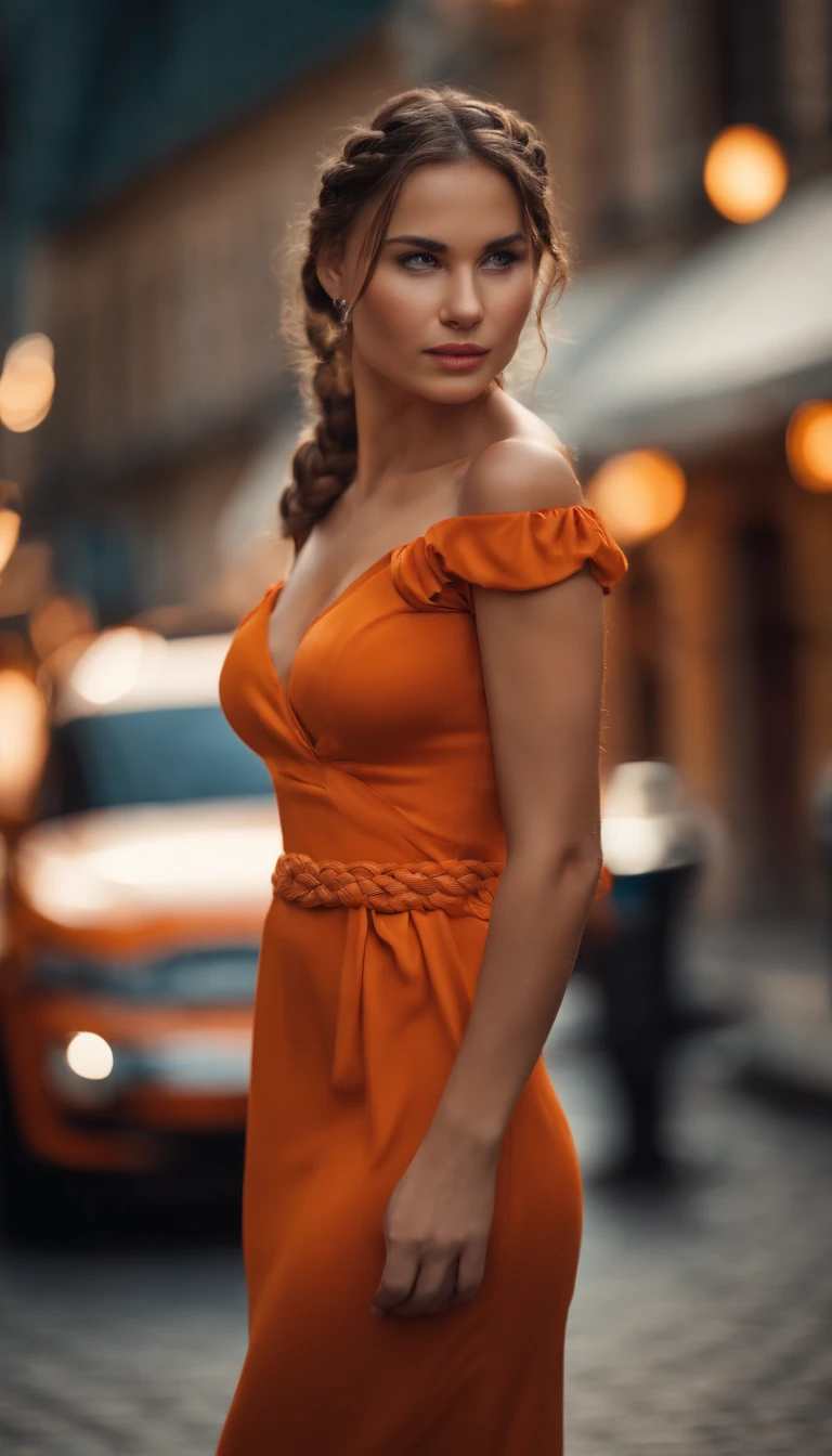 A woman in an orange dress standing on a street corner - SeaArt AI