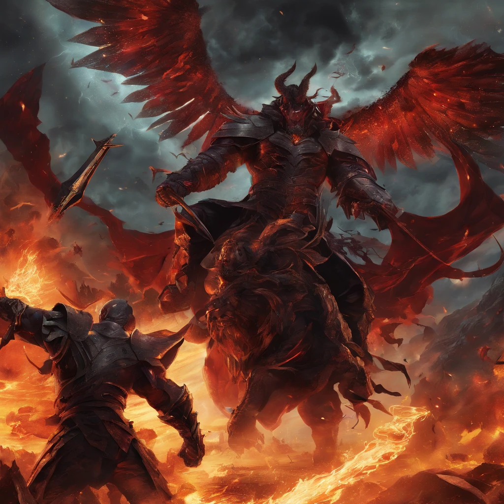 A painting of a demon riding a horse with a sword in his hand - SeaArt AI
