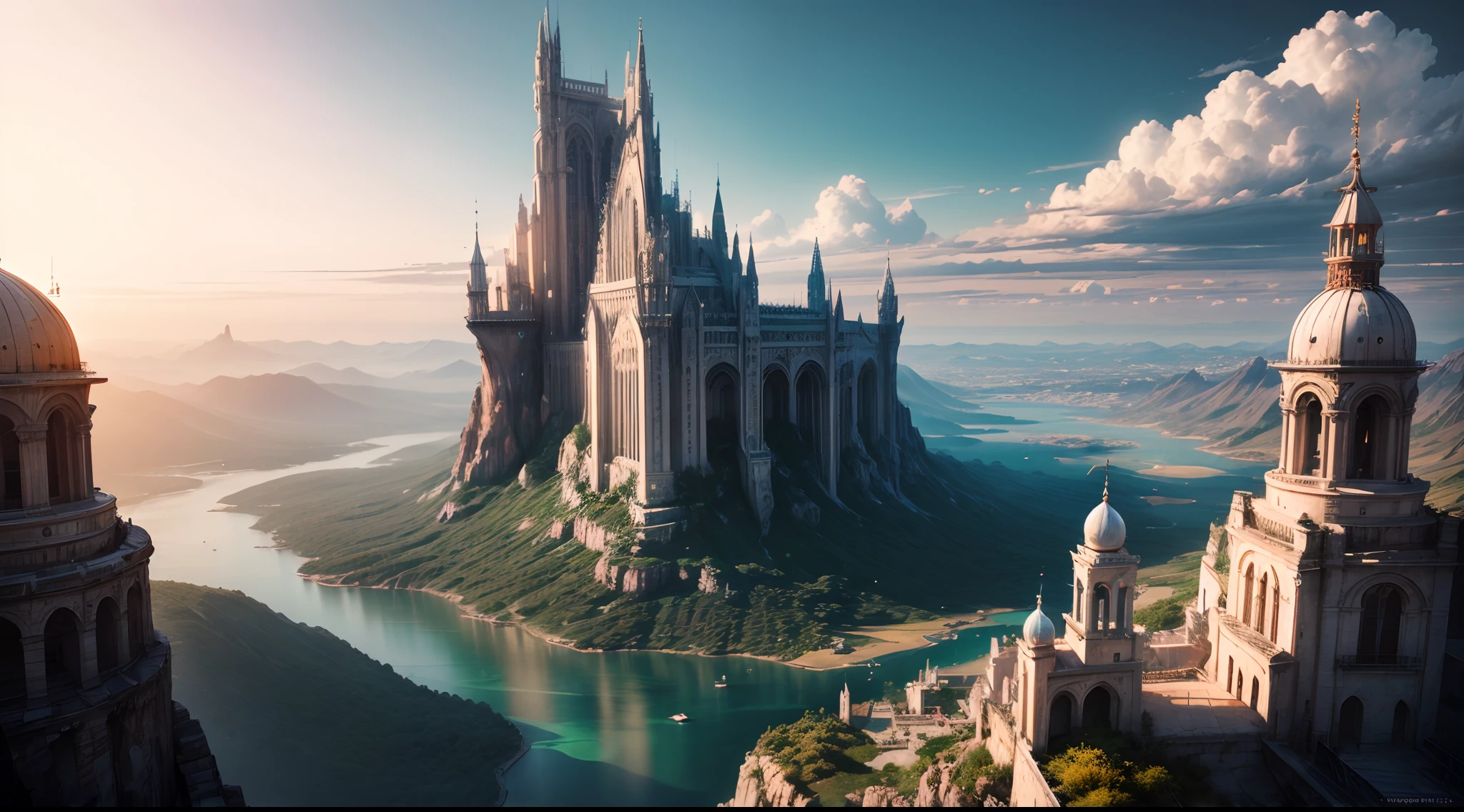 Arafed castle on a mountain overlooking a river and a mountain - SeaArt AI