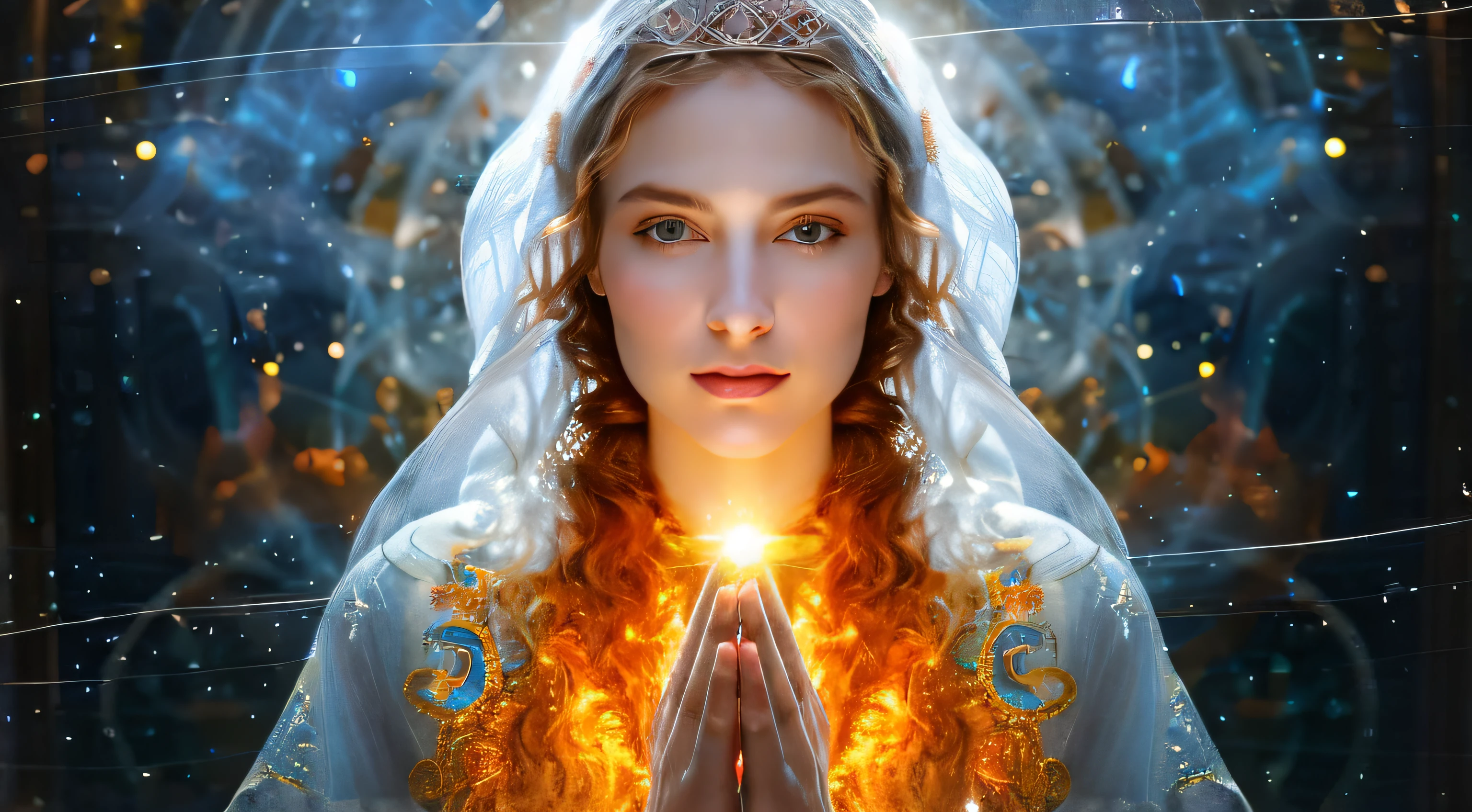 A woman in a white robe holding a glowing light - SeaArt AI