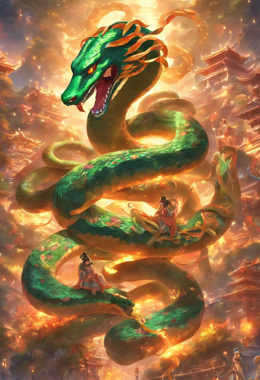 A painting of a green snake with a man sitting on top of it - SeaArt AI