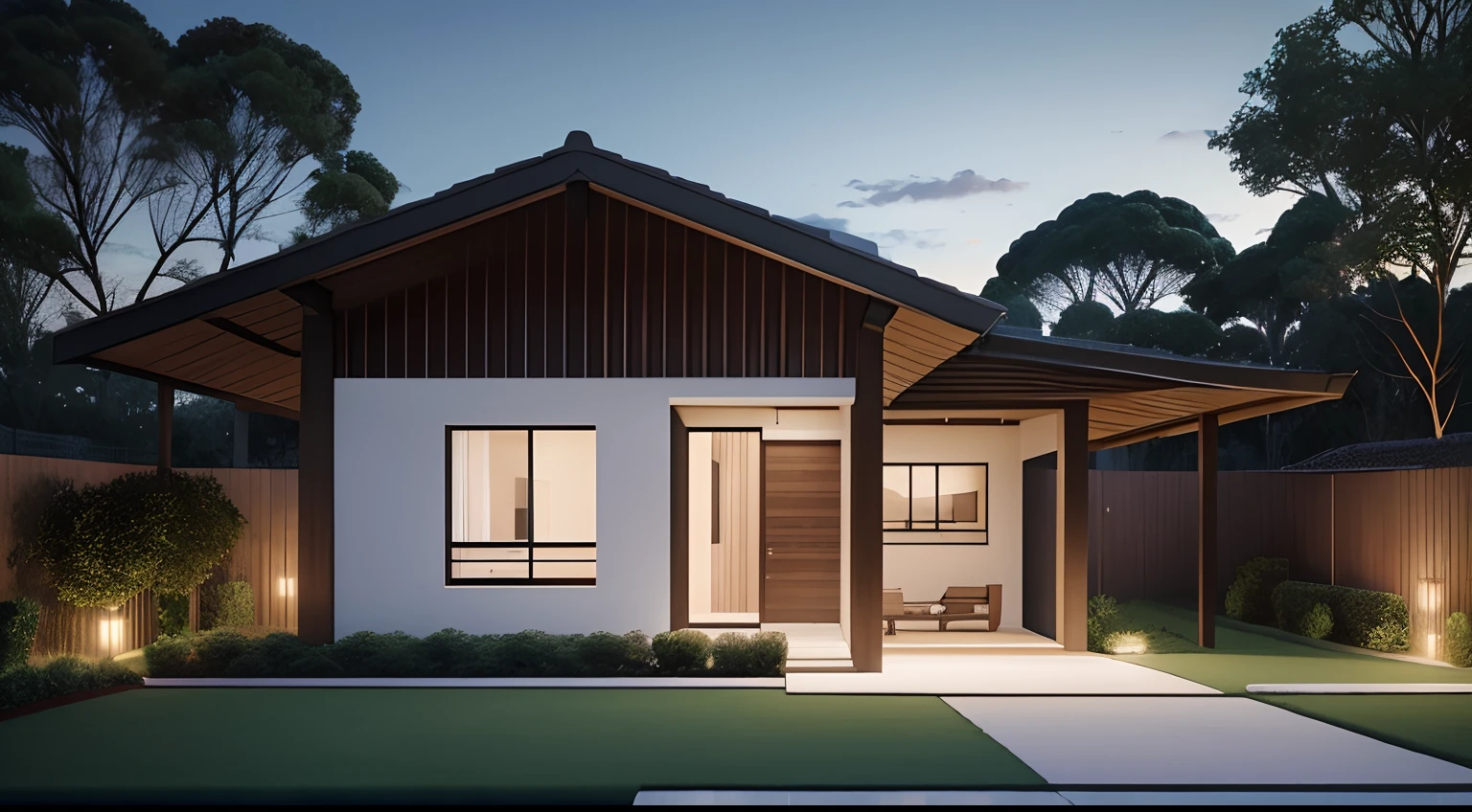 A rendering of a small house with a patio and a covered porch - SeaArt AI