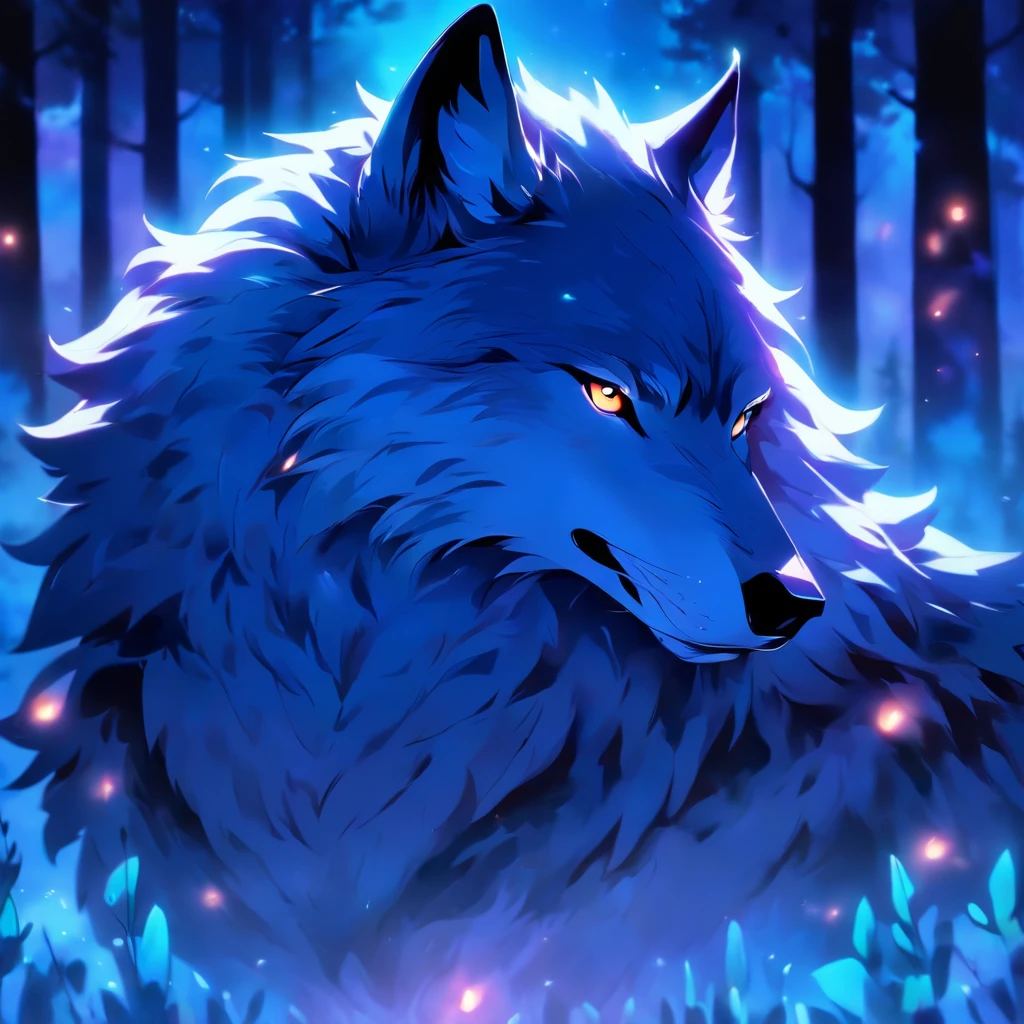 A close up of a wolf in the woods with fireflies - SeaArt AI