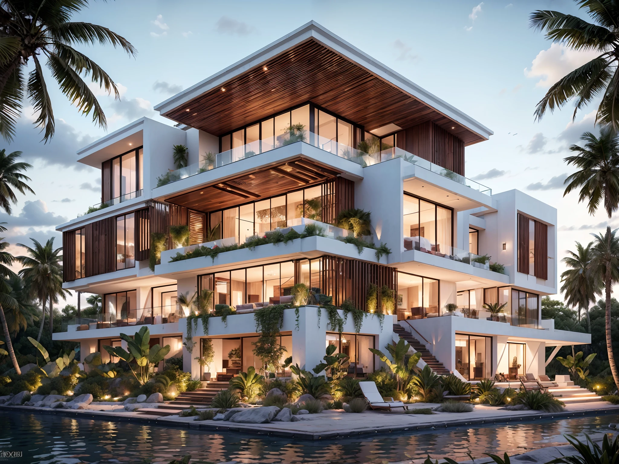 A rendering of a modern house with a pool and palm trees - SeaArt AI