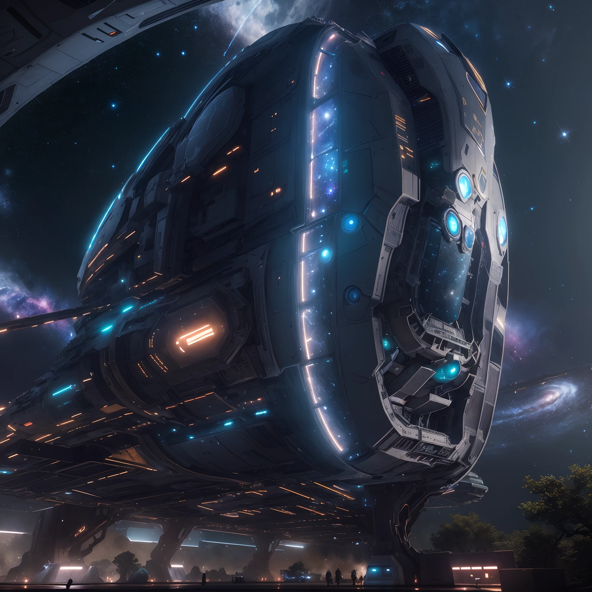 A futuristic spaceship flying through a galaxy with stars and planets ...