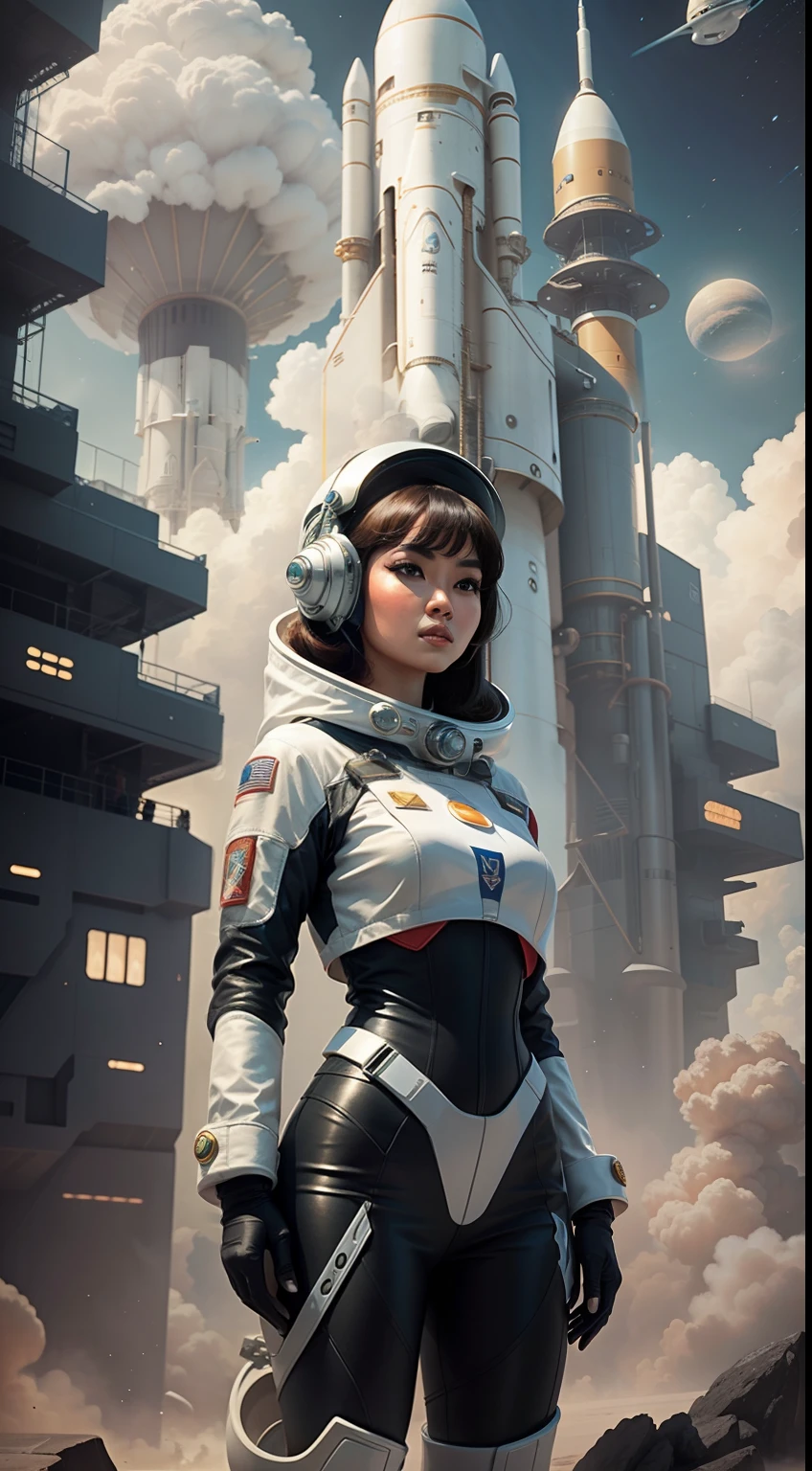 A close up of a woman in a space suit standing in front of a rocket - SeaArt AI