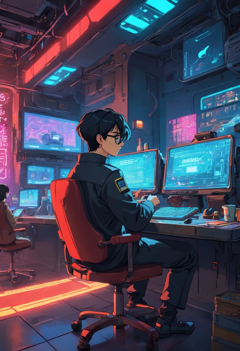 A man sitting at a desk with a computer and a monitor - SeaArt AI