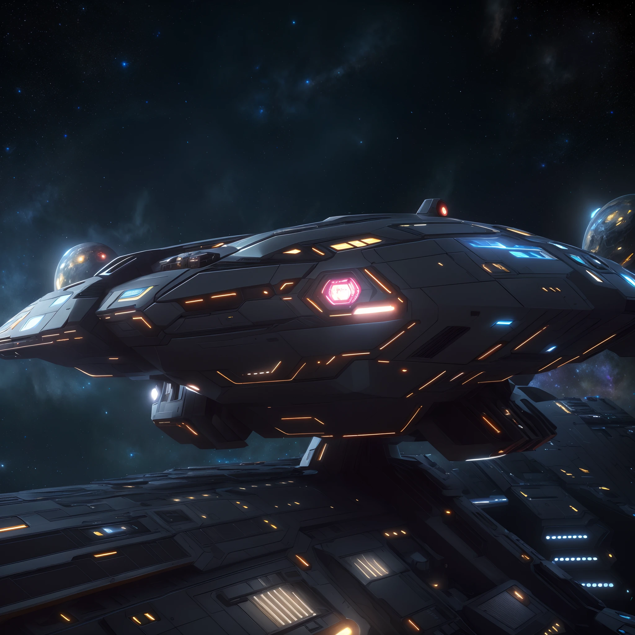 A close up of a spaceship flying through a space filled with stars ...