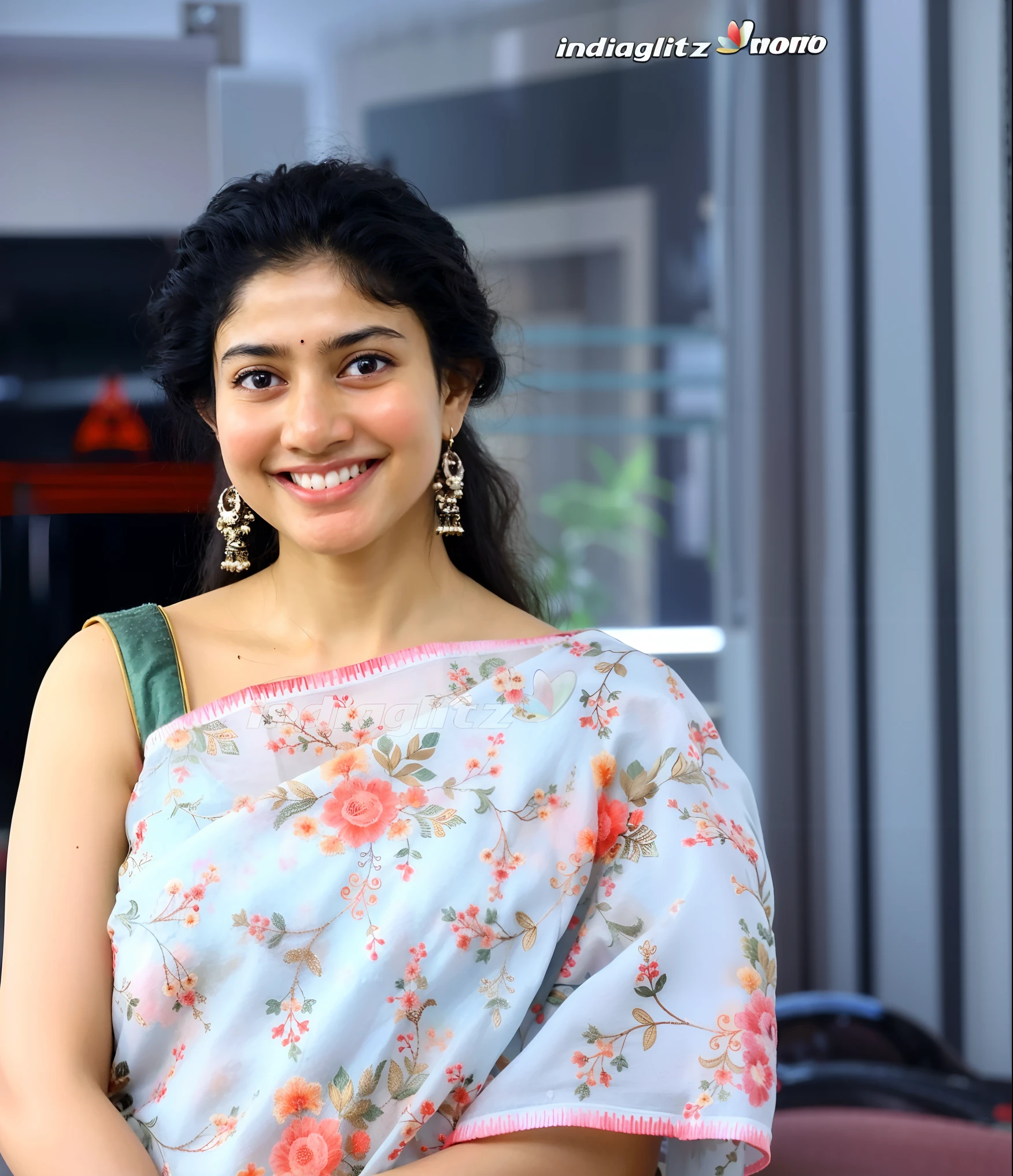 Anusha in a floral sari smiling for the camera - SeaArt AI