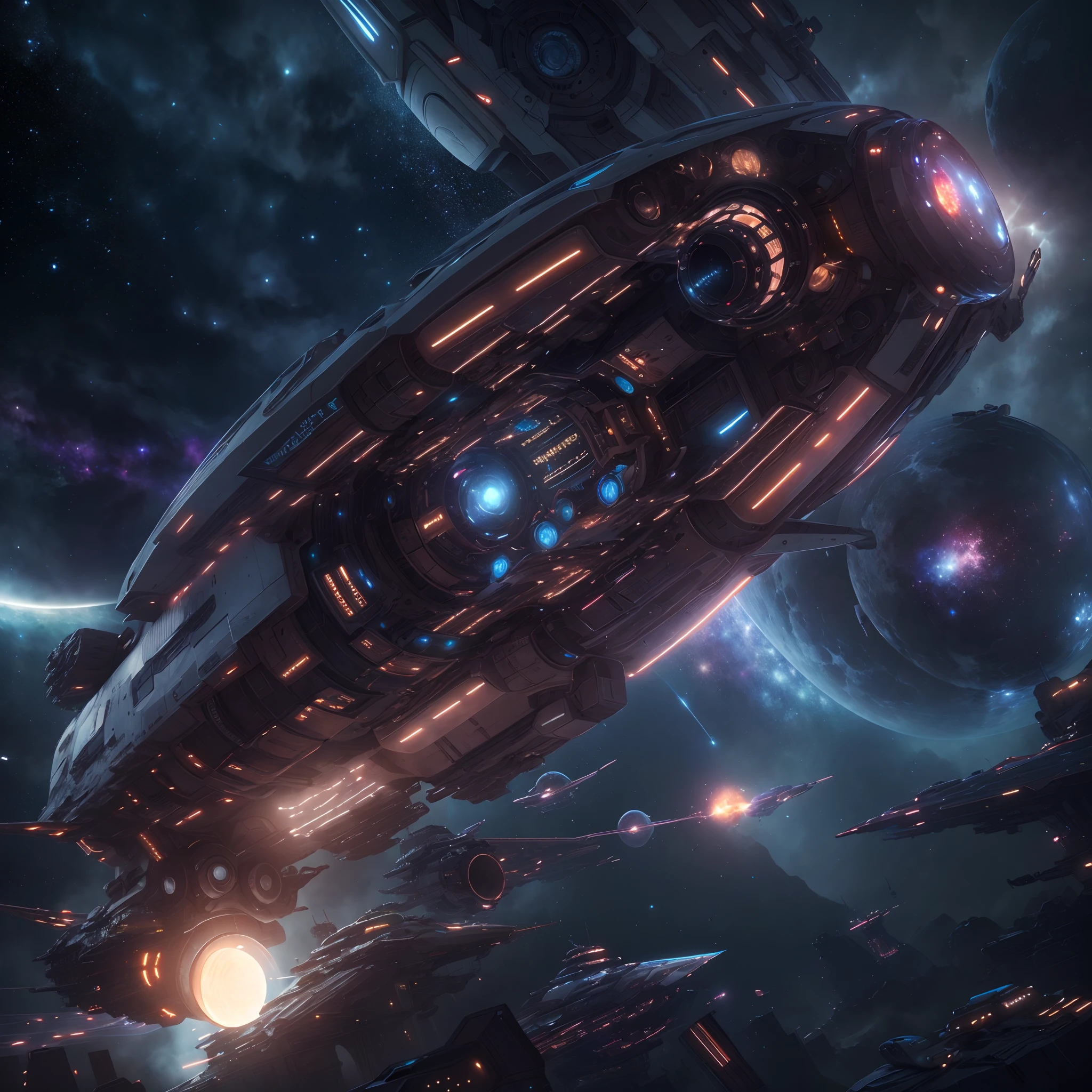 A spaceship flying through space with a lot of stars in the background ...