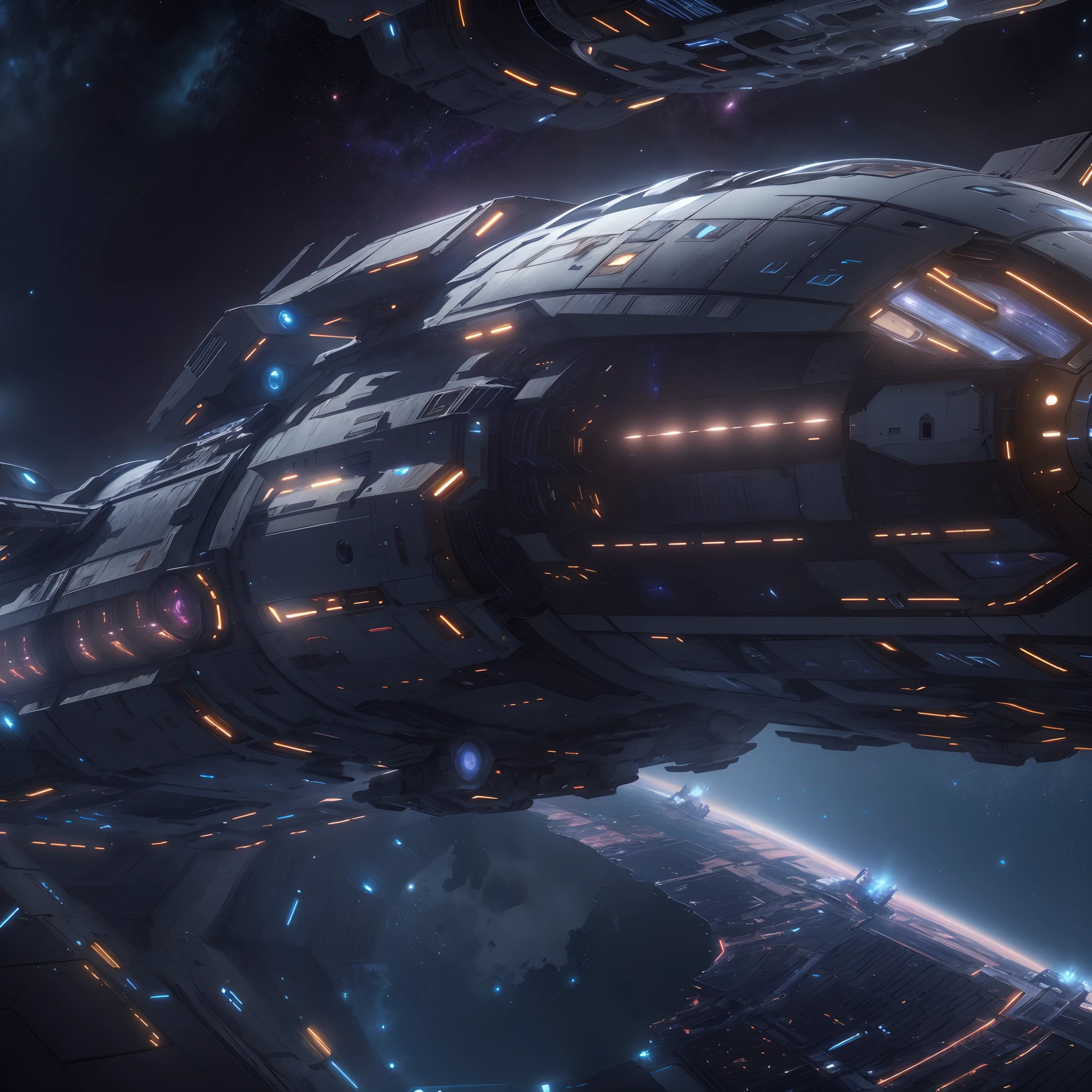 A close up of a spaceship flying through a space filled with stars ...