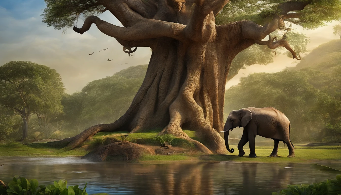 There is a elephant that is walking by a tree by the water - SeaArt AI