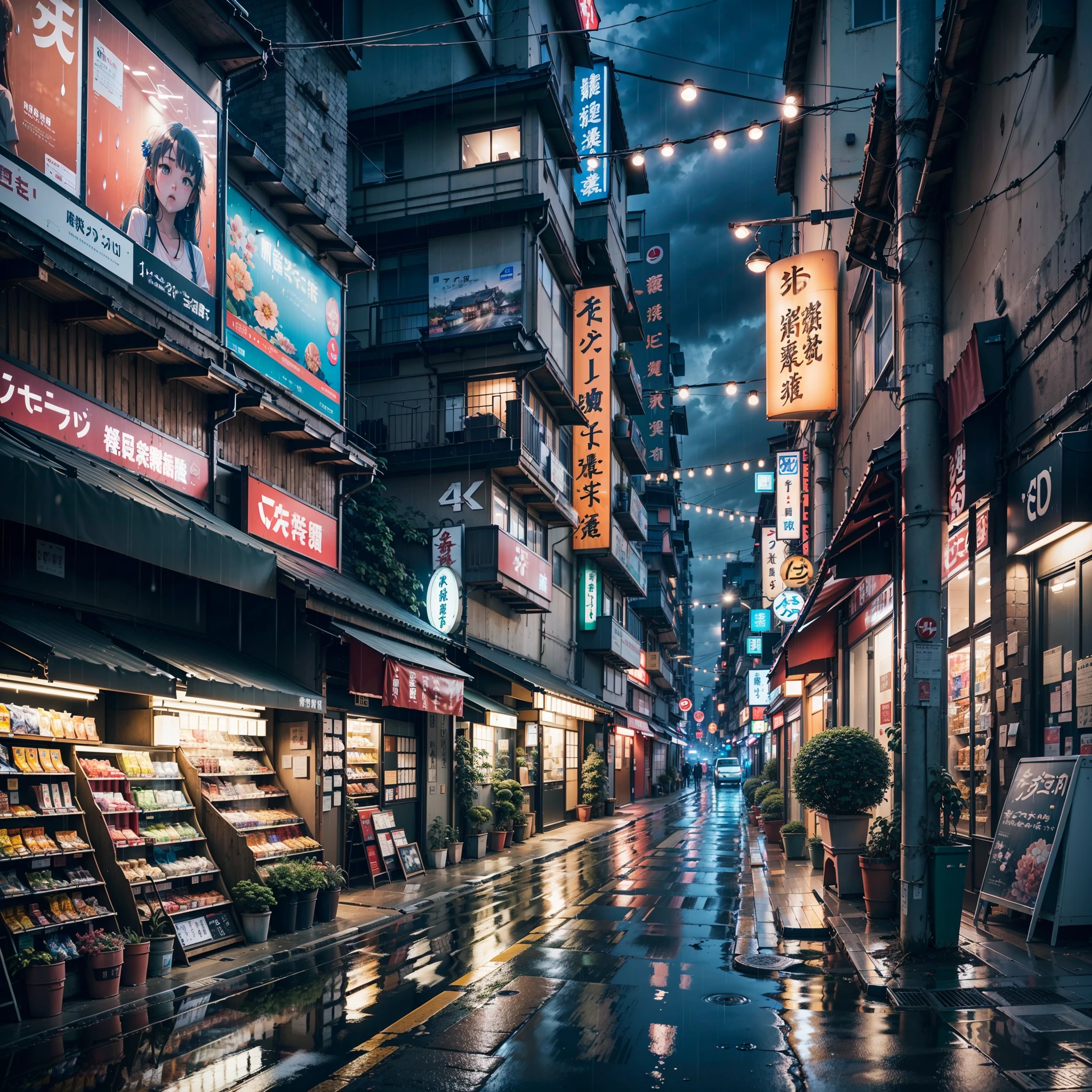 A view of a wet street with a bunch of stores - SeaArt AI