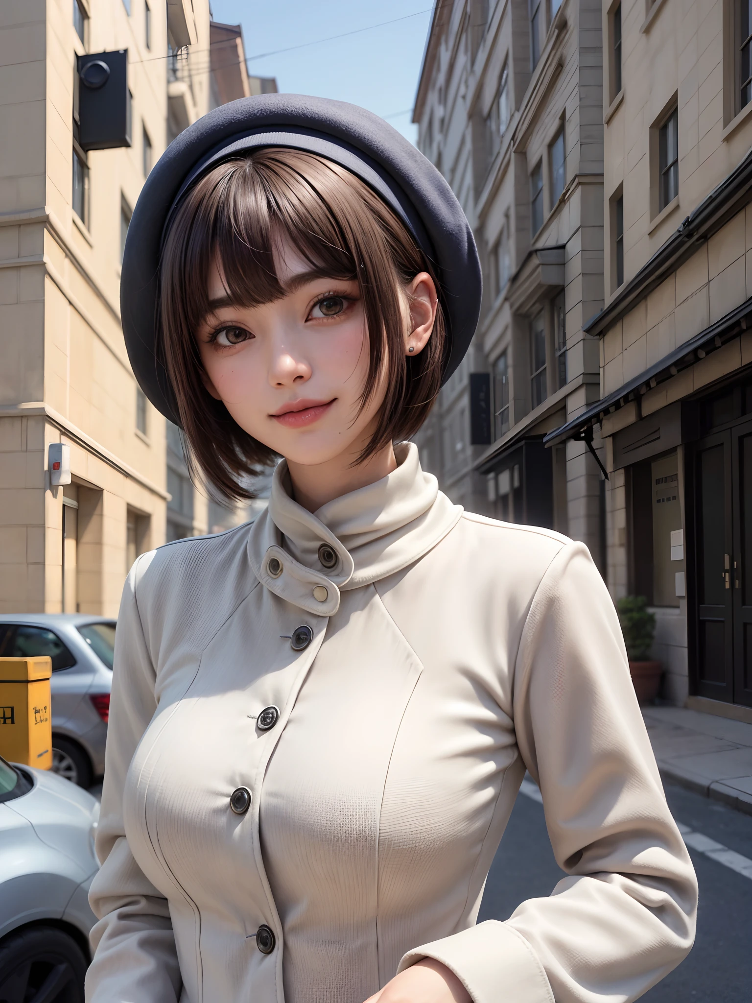 Arafed woman in a beige coat and hat standing on a city street - SeaArt AI