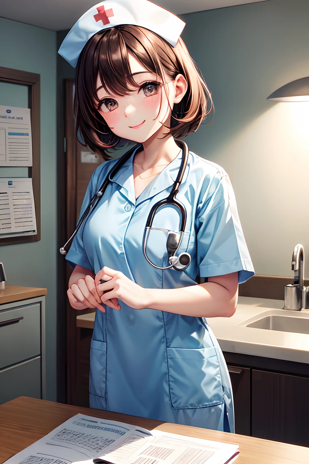 Anime nurse sitting on a desk with a stethoscope - SeaArt AI