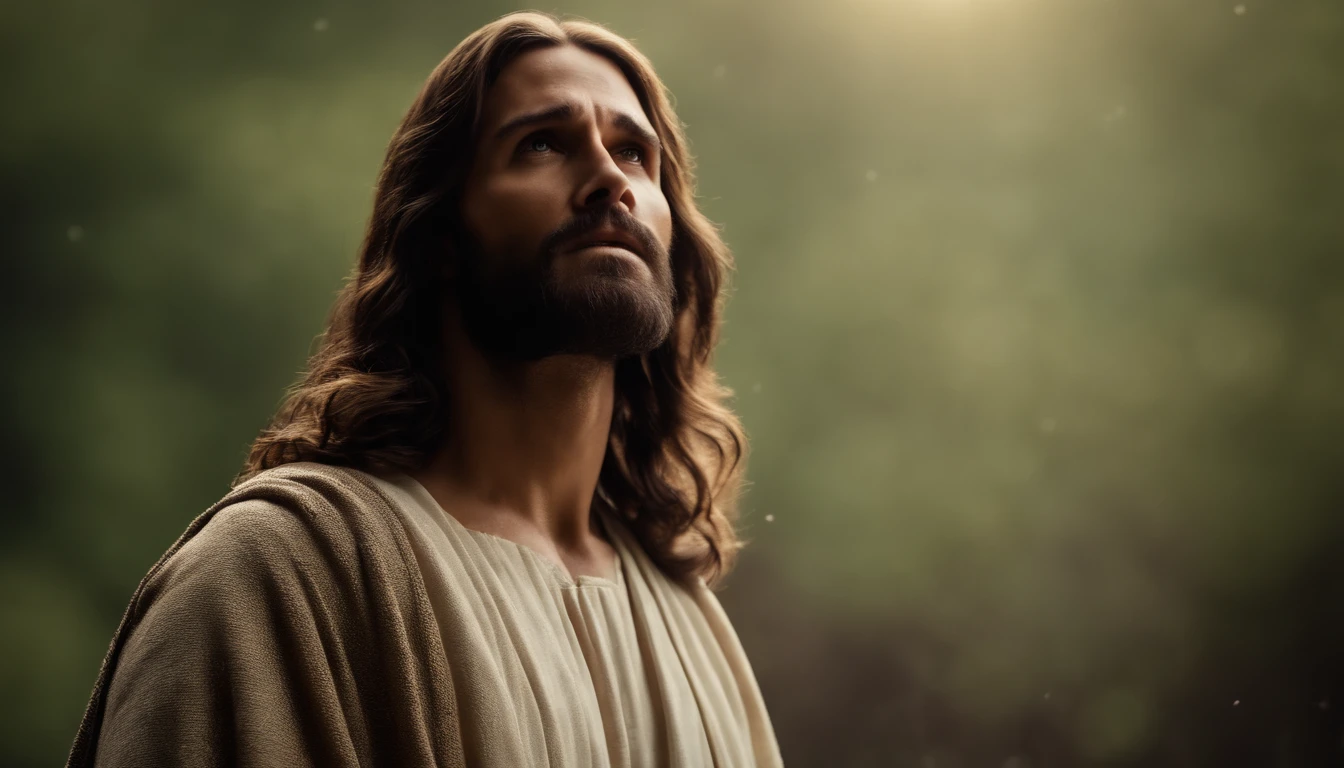 Jesús está mirando hacia arriba al cielo con los ojos cerrados - SeaArt AI
