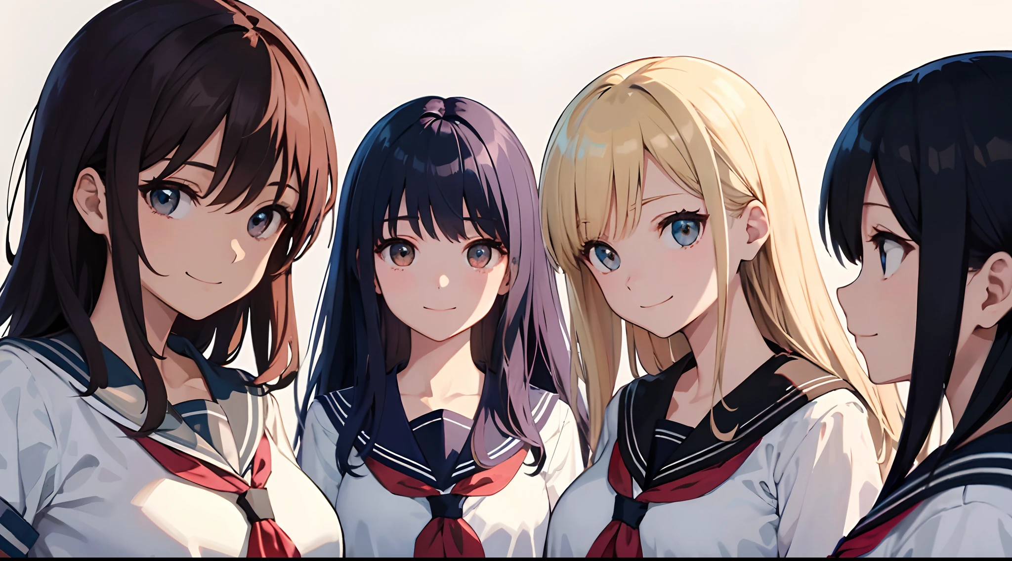 Anime characters with long hair and blue eyes standing in a line ...
