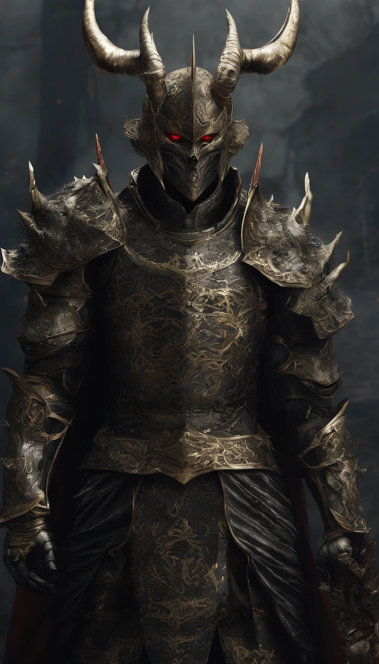 A man in armor with horns and a red eye - SeaArt AI