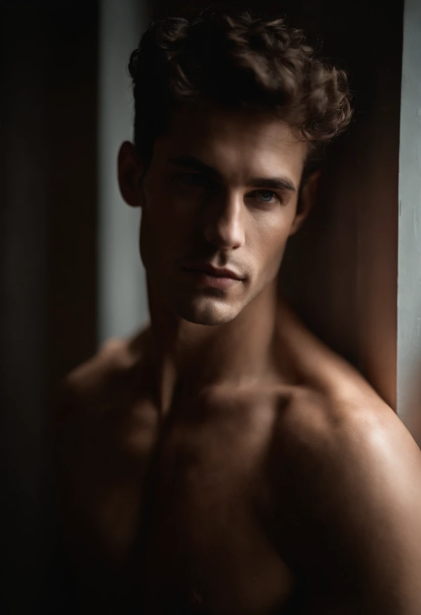 A close up of a man with a shirt on leaning against a wall - SeaArt AI
