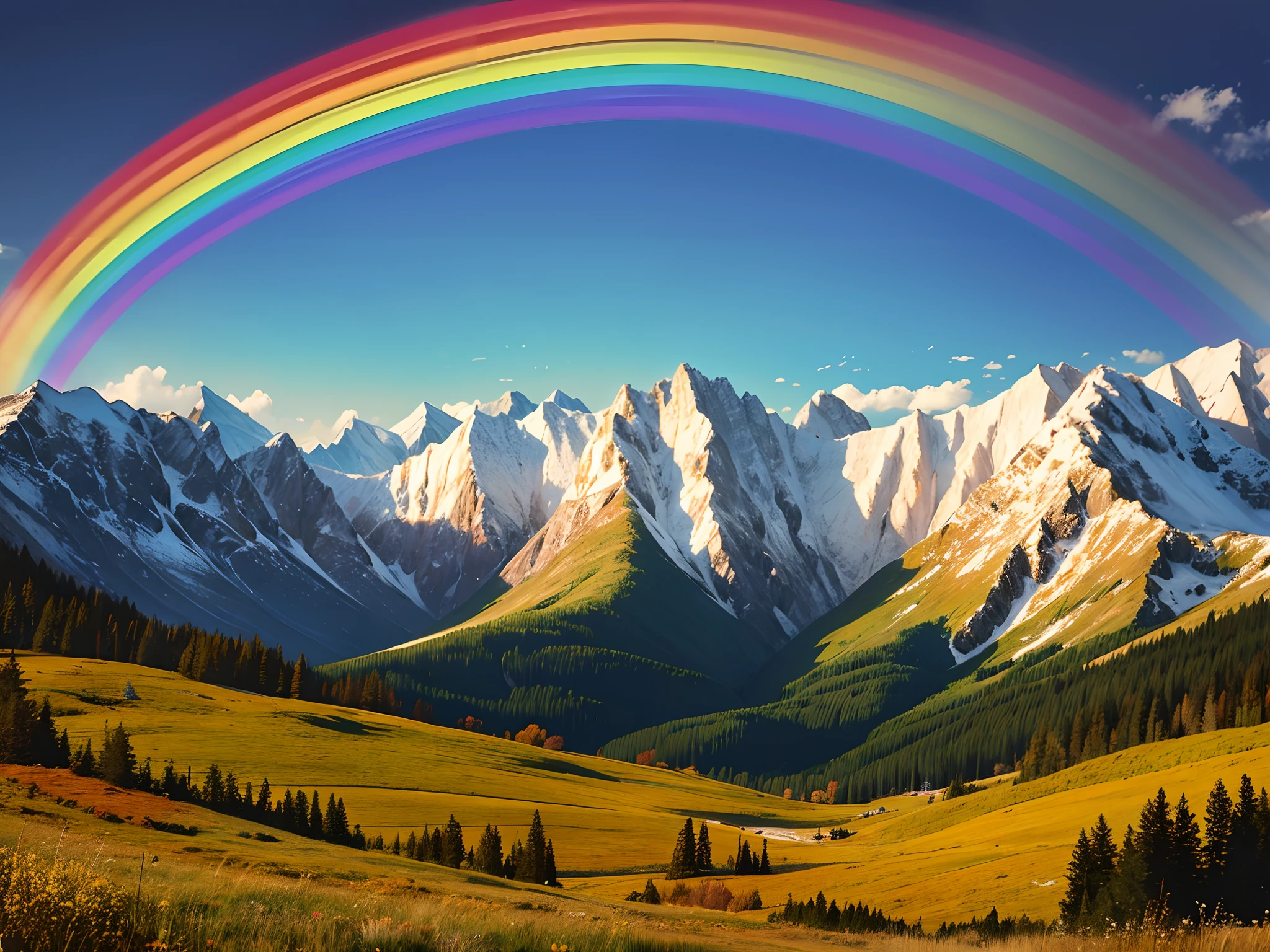 A brightly colored rainbow over a mountain range with a rainbow in the ...
