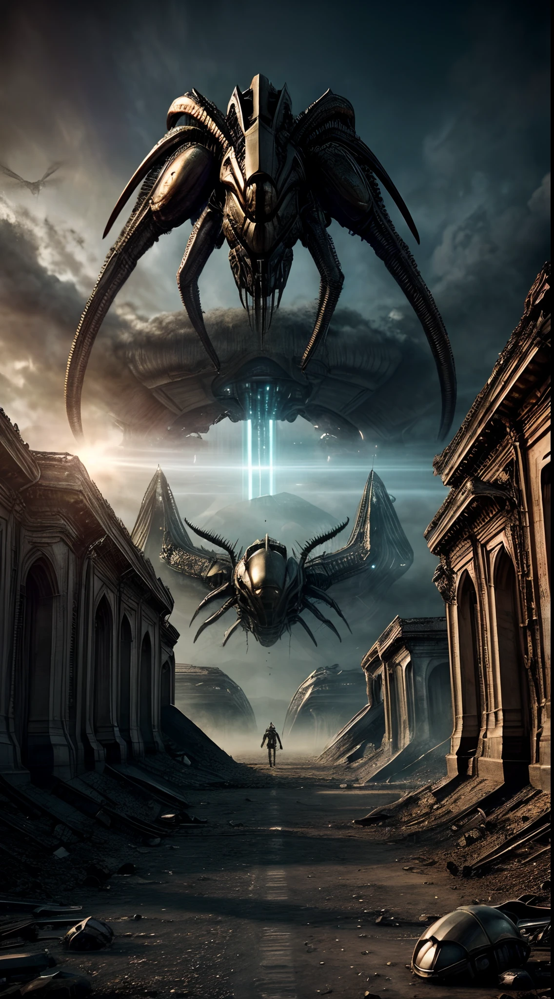 A man standing in front of a giant monster in a desert - SeaArt AI