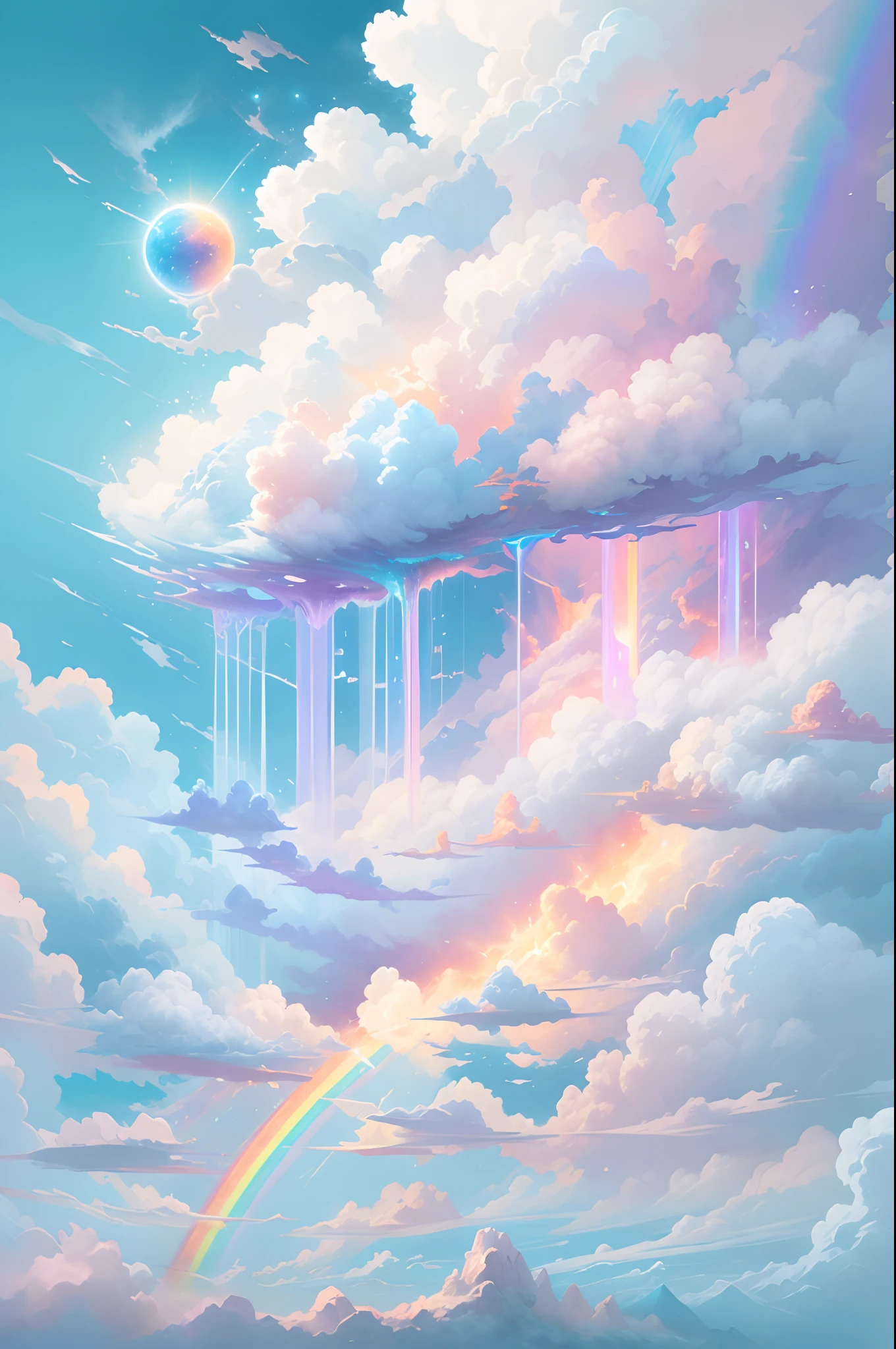 A painting of a rainbow in the sky with clouds and a rainbow - SeaArt AI